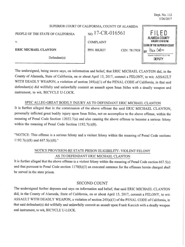 Eric Clanton Police Affidavit - U-Lock Berkeley Guy | PDF