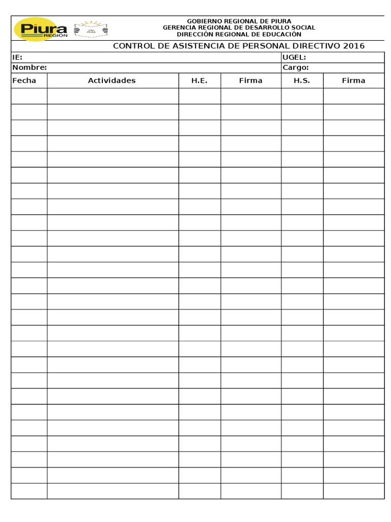 Formato Para Control de Asistencia IE (XLS)