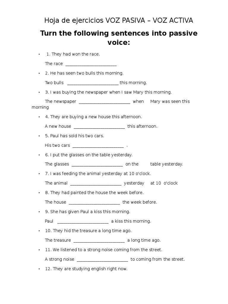 Hoja de Ejercicios VOZ PASIVA | PDF
