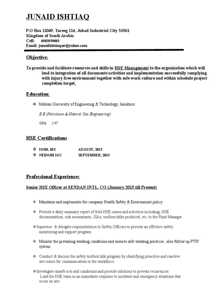 Junaid CV Updated, 10-07-2016 | PDF | Safety | First Aid