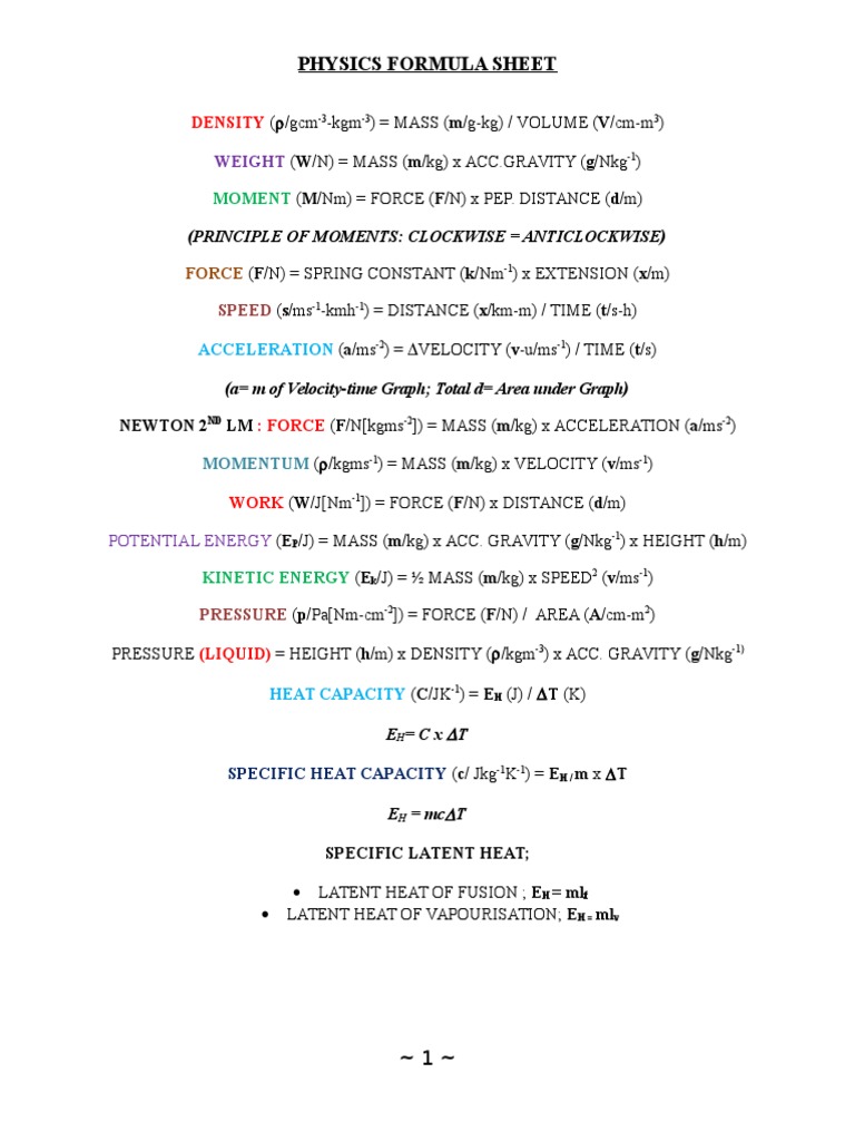 Csec Physics Formula Sheet Pdf