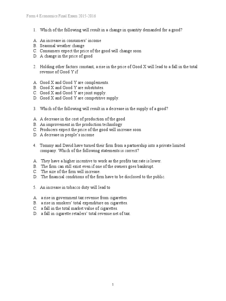 Form 4 Economics Final Exam 2015-2016 | PDF | Supply (Economics) | Taxes
