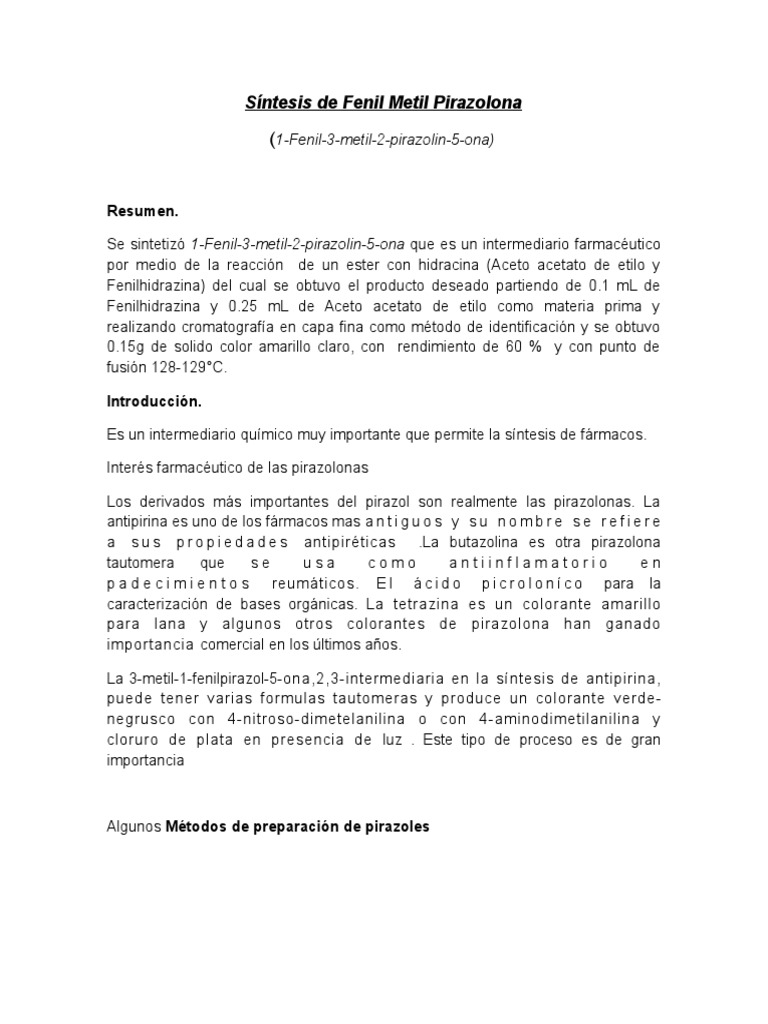 Síntesis y caracterización de 1-Fenil-3-metil-2-pirazolin-5-ona como ...