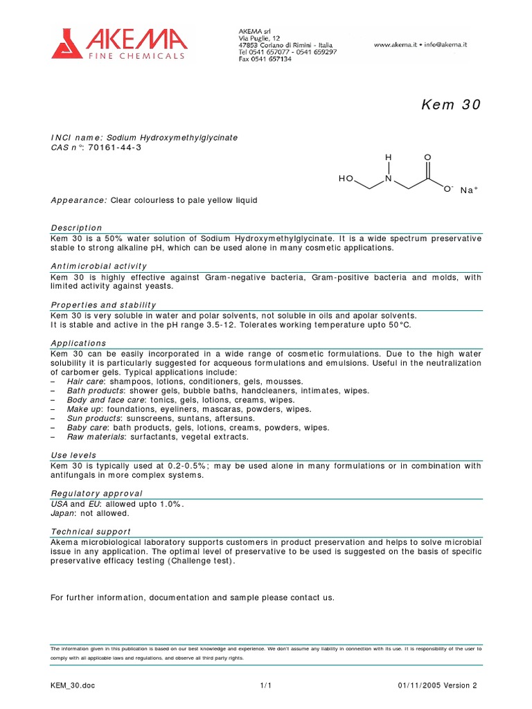 INCI Name: Sodium Hydroxymethylglycinate CAS N°:: O HO H | PDF ...