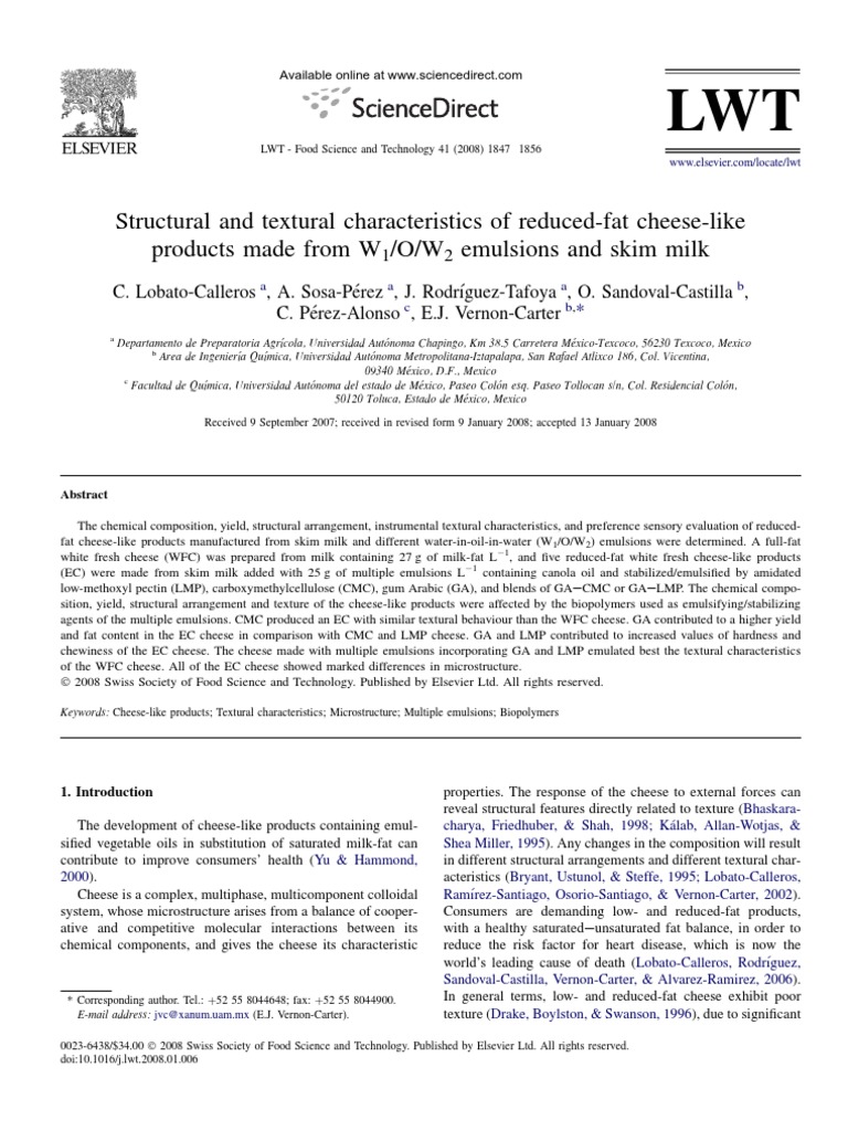 Reduced-Fat Cheese Emulsion Study | PDF | Emulsion | Cheese