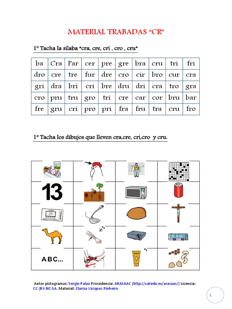 Material Trabadas “Cr”: 1º Tacha la sílaba “cra, cre, cri , cro , cru”