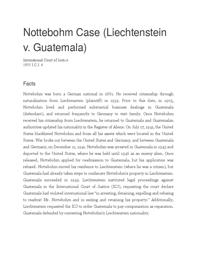 Nottebohm Case (Liechtenstein v. Guatemala) : Facts | PDF