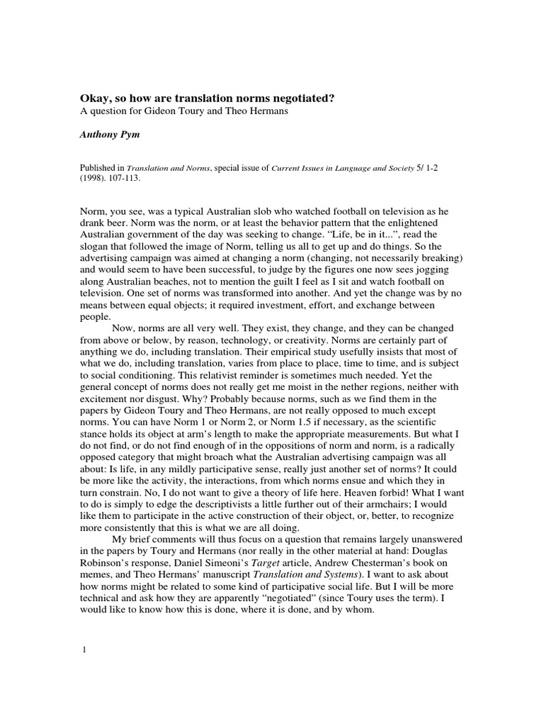 Anthony Pym - Norms | PDF | Negotiation | Norm (Social) Anthony Pym - Norms | PDF | Negotiation | Norm (Social)