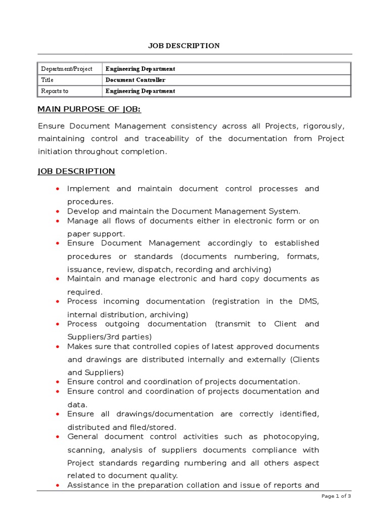 Document Controller Job Description | PDF | Safety | Document