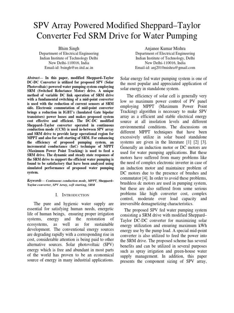 SPV Array Powered Modified Sheppard-Taylor Converter Fed SRM Drive For ...