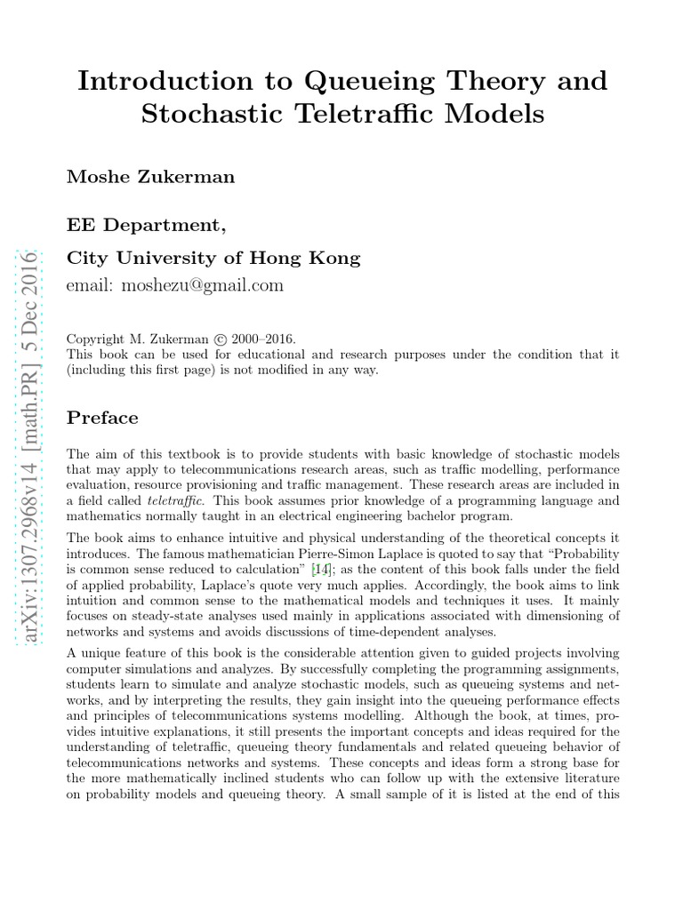 Zukerman - Introduction To Queuing Theory and Stochastic Teletraffic Models | PDF | Probability ...