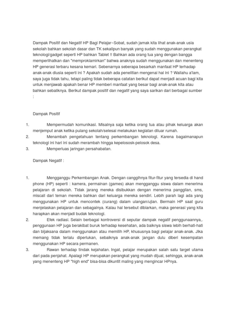 Dampak Positif Dan Negatif HP Bagi Pelajar | PDF