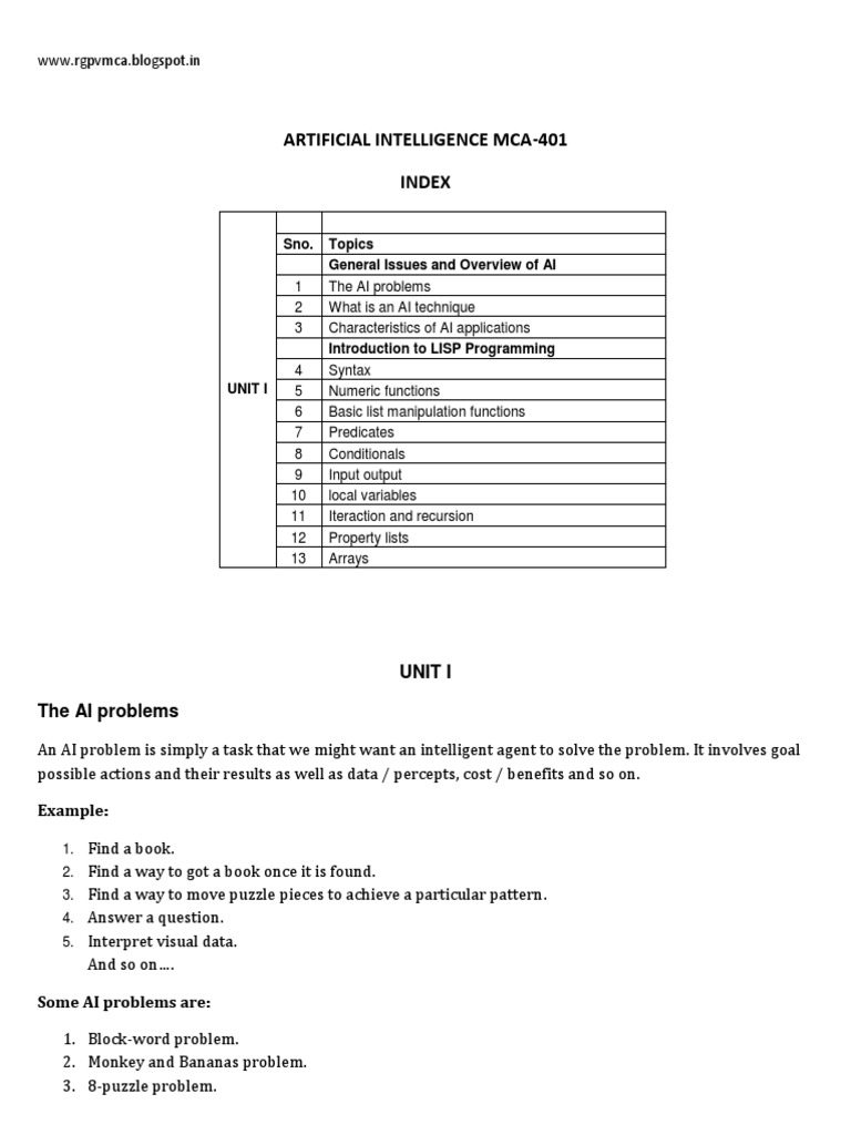 Artificial Intelligence Mca-401 Index: WWW - Rgpvmca.blogspot - in ...
