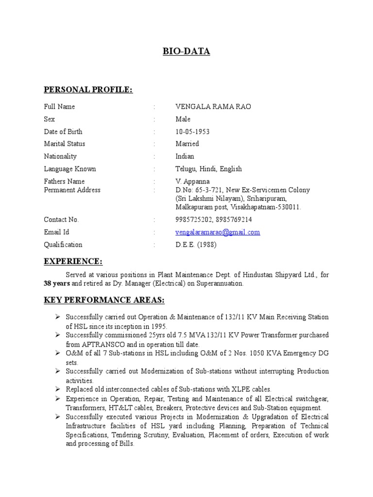 Bio data | Electrical Substation | Electrical Engineering