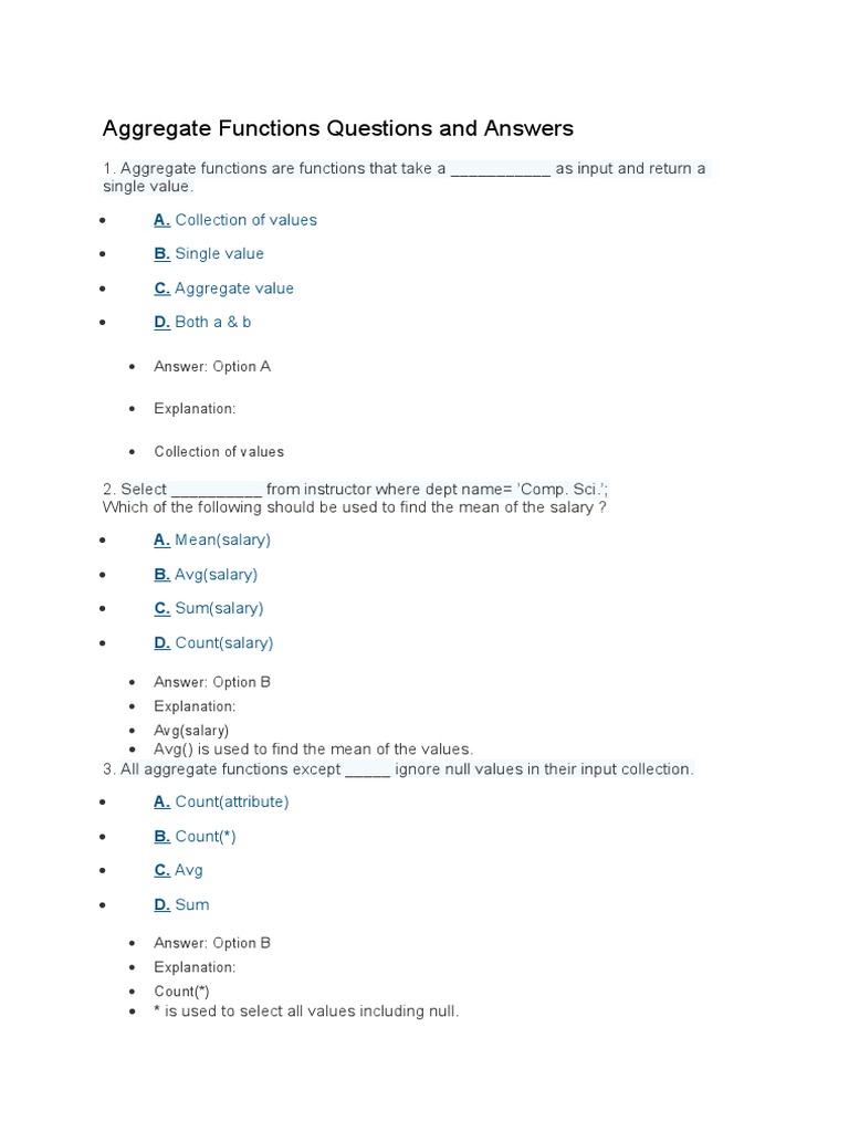Aggregate Functions Questions and Answers | PDF | Database Index | Computer Data Storage