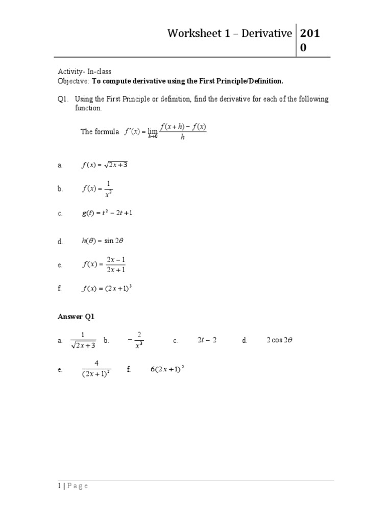 Worksheet 1-Derivatives Jan 2010 | PDF | Mathematical Analysis | Calculus