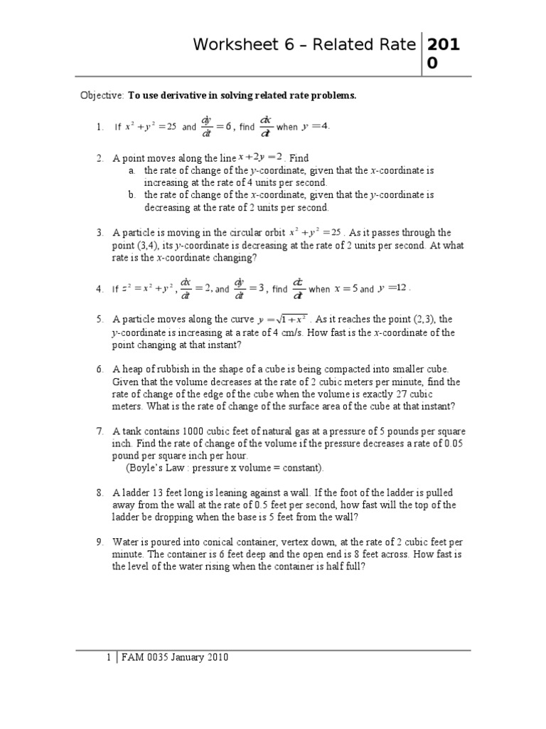 Worksheet 6 - Related Rate | PDF | Volume | Physics