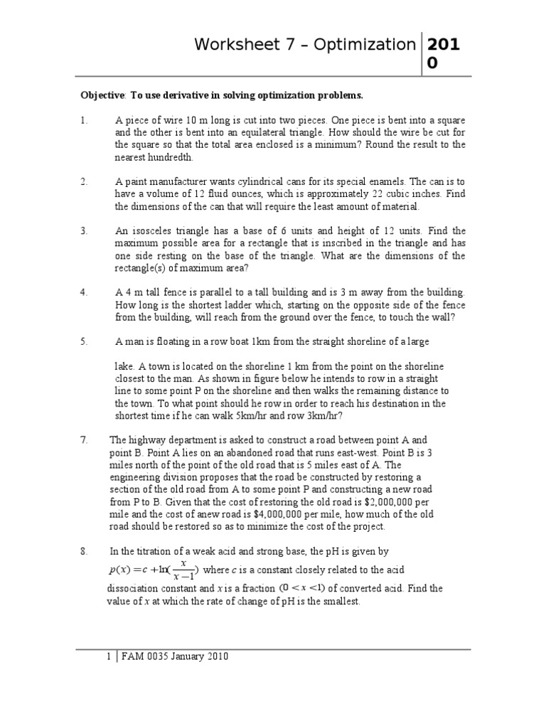 Worksheet 7 - Optimization | Download Free PDF | Area | Triangle