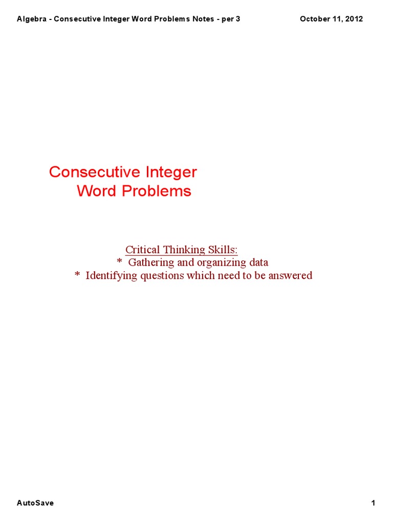 Algebra Consecutive Integer Problems | PDF | Integer | Interval ...