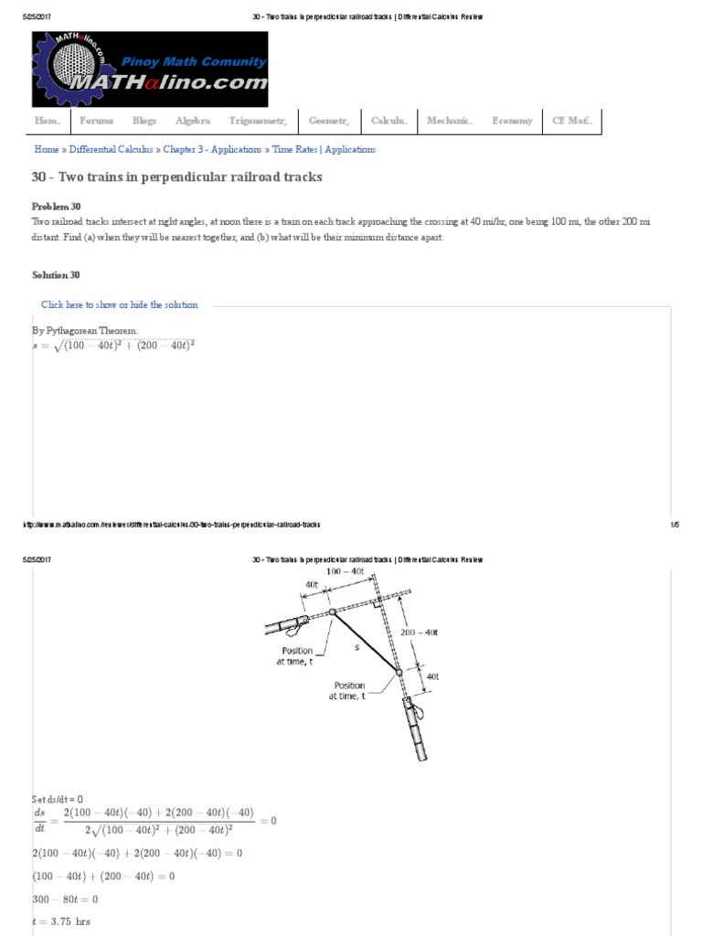 30 - Two Trains in Perpendicular Railroad Tracks - Differential ...