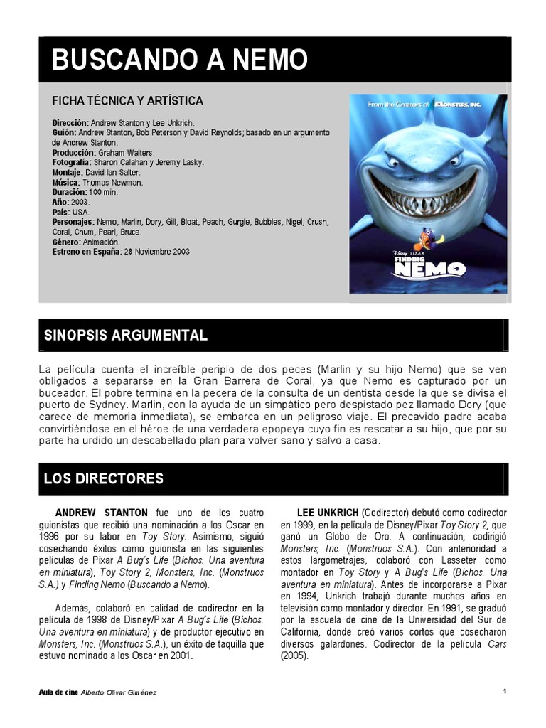 Buscando Nemo PDF | PDF | Pixar | Animación