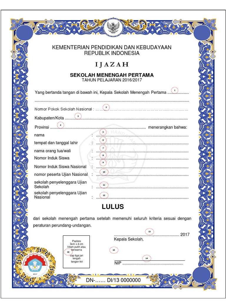 Contoh Blangko Ijazah SMP 2017 | PDF