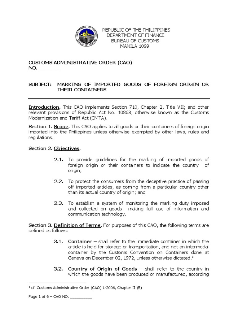 Draft Bureau of Customs Order On Marking Duty | PDF | Civil Rights Act ...