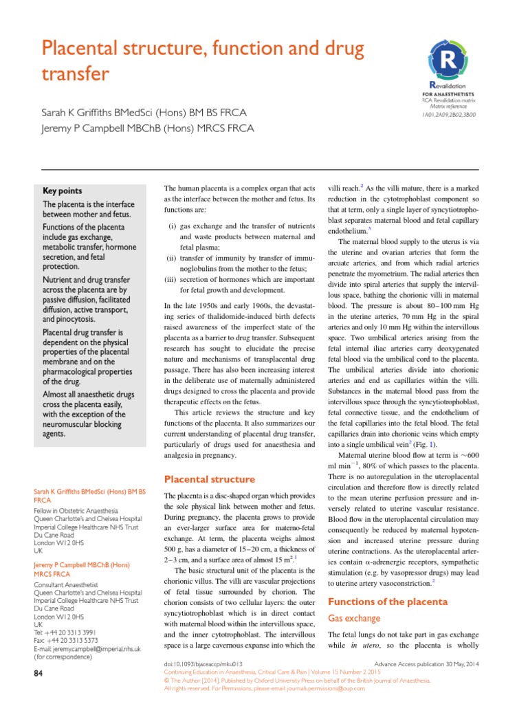 Placental Structure, Function and Drug Transfer | PDF | Placenta | Fetus