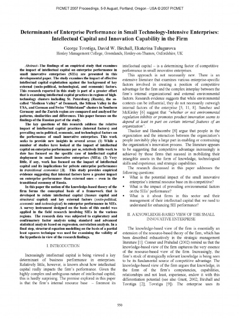 Determinants of Enterprise Performance Small Technology-Intensive ...