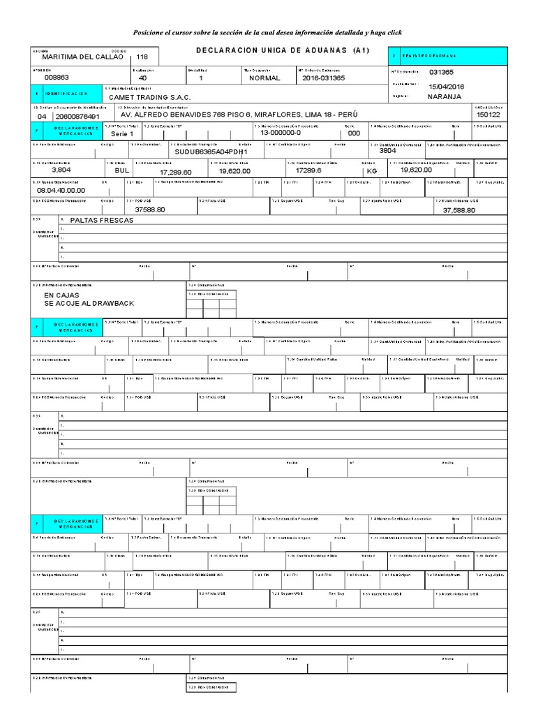 Formato A1 de La Declaración Unica de Aduanas | PDF