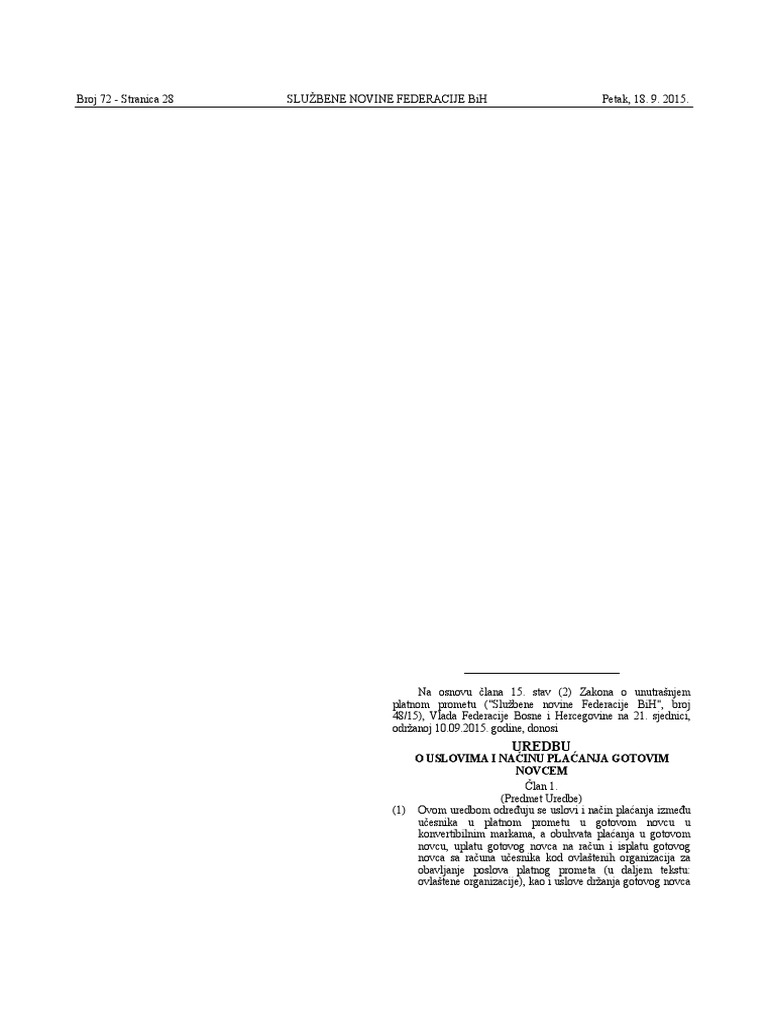 Uredba o Uslovima I Načinu Plaćanja Gotovim Novcem | PDF