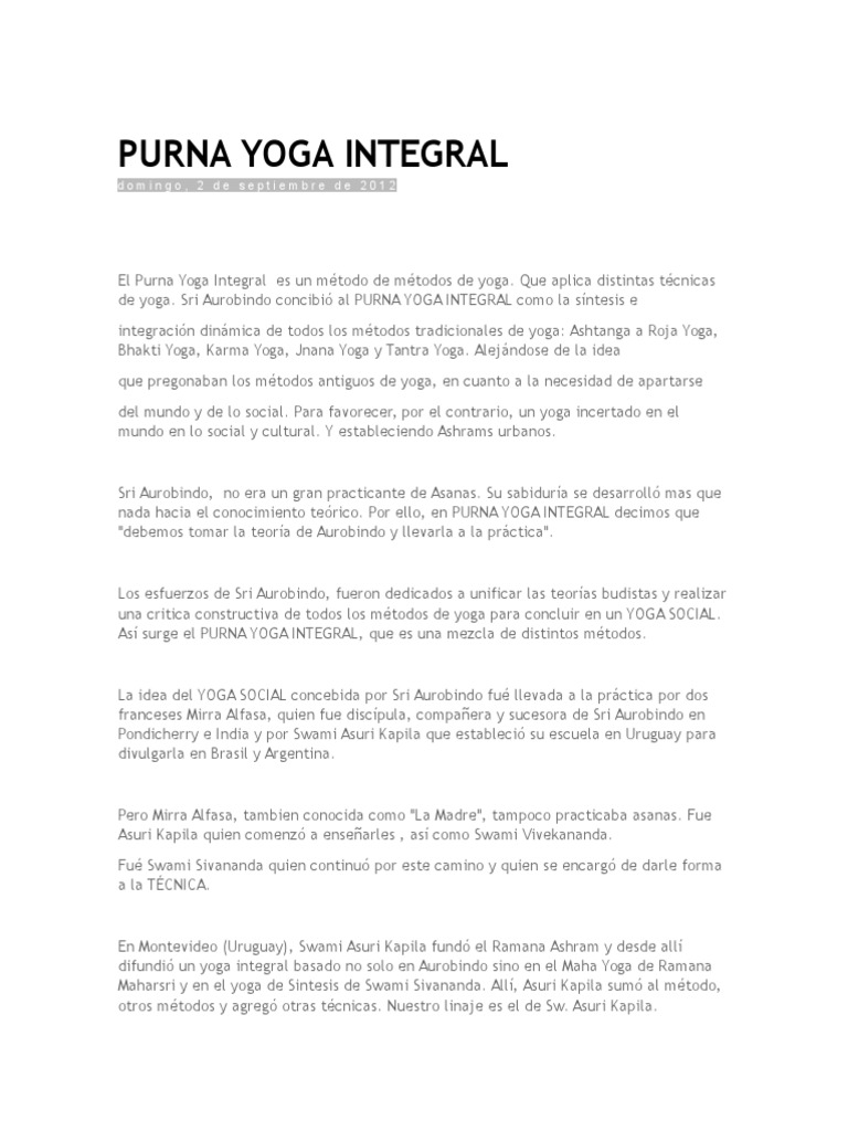 Purna Yoga Integral: Método y Práctica | PDF | Yoga | Sri Aurobindo
