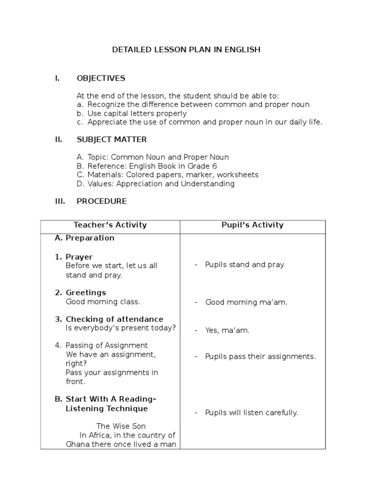 Detailed Lesson Plan in English. Basic English Grammar | PDF | Lesson ...