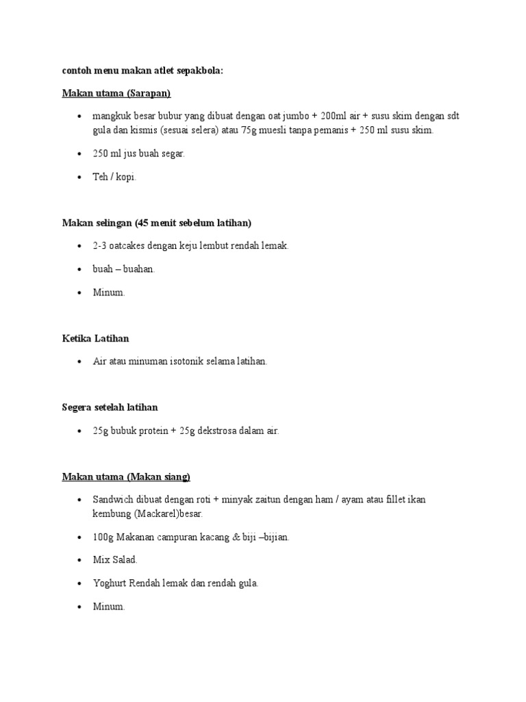 Menu Sehat Atlet Sepak Bola | PDF