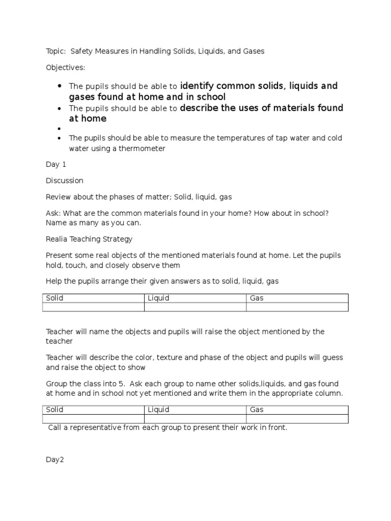 Identify Common Solids, Liquids and Gases Found at Home and in School ...