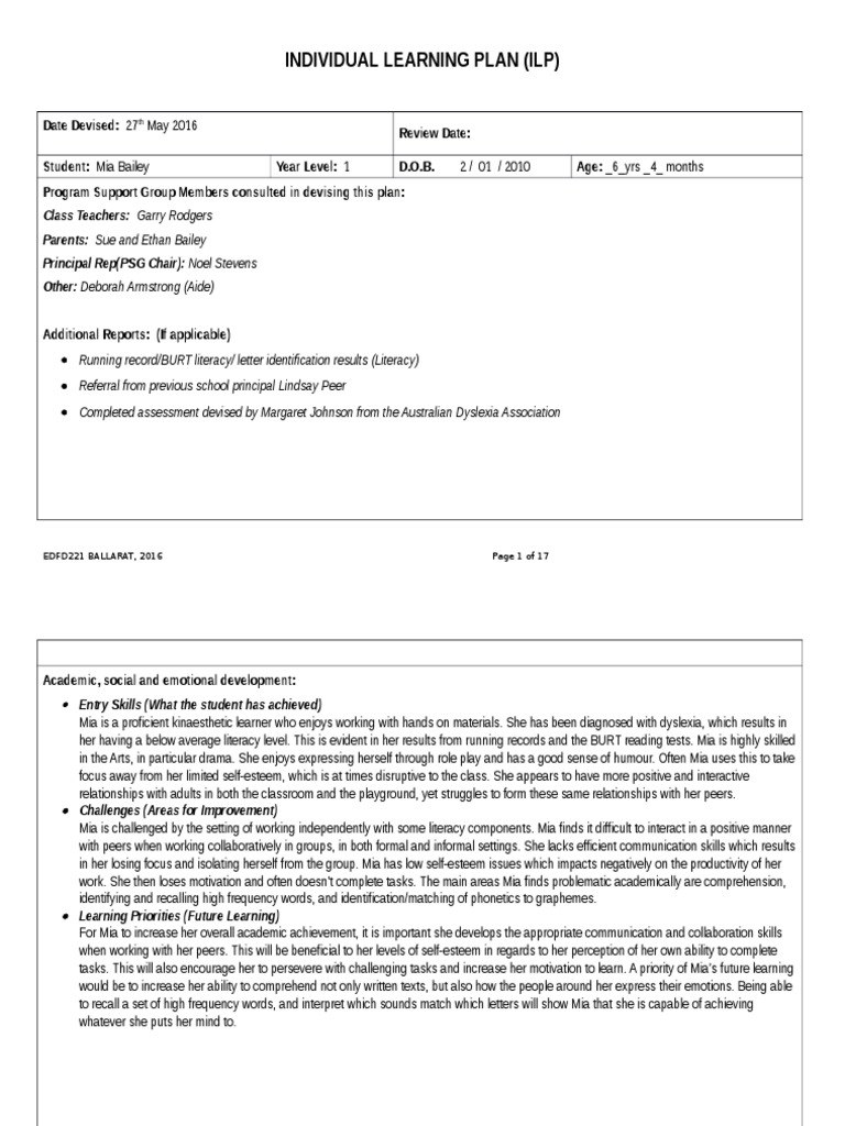 Individual Learning Plan (Ilp) | PDF | Reading (Process) | Self Esteem