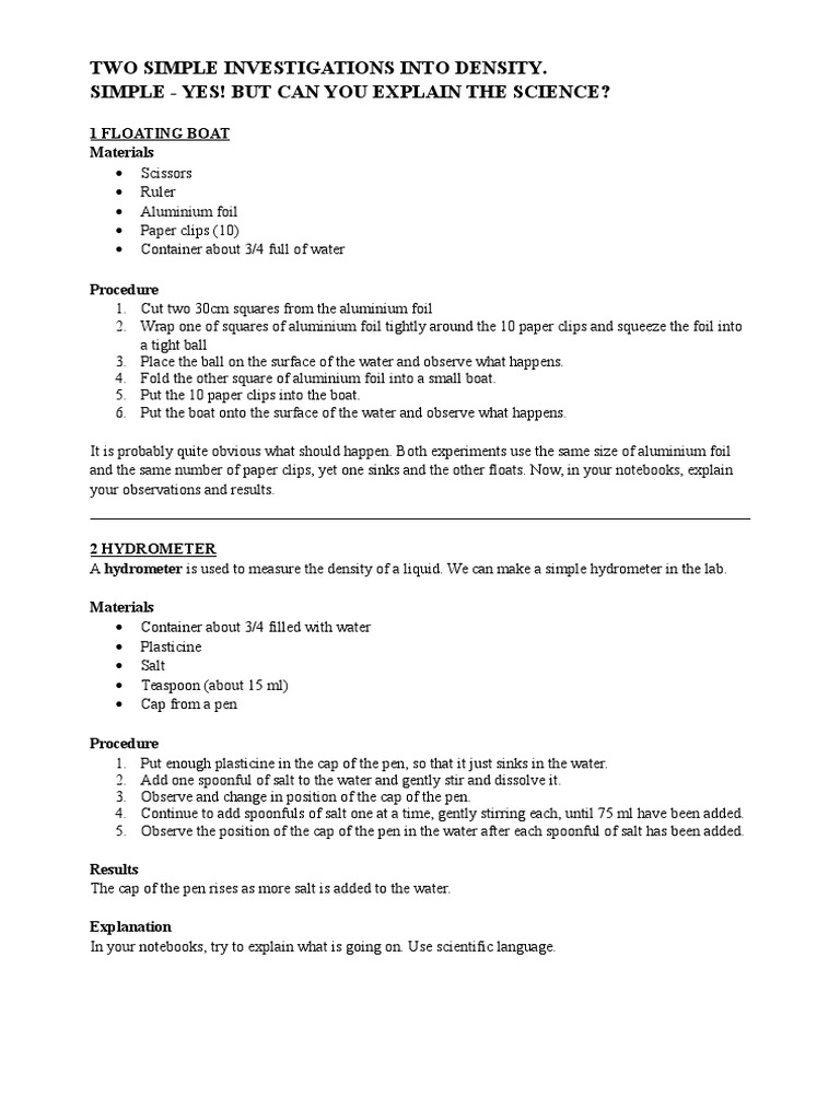 Density Experiments: Floating & Hydrometer | PDF