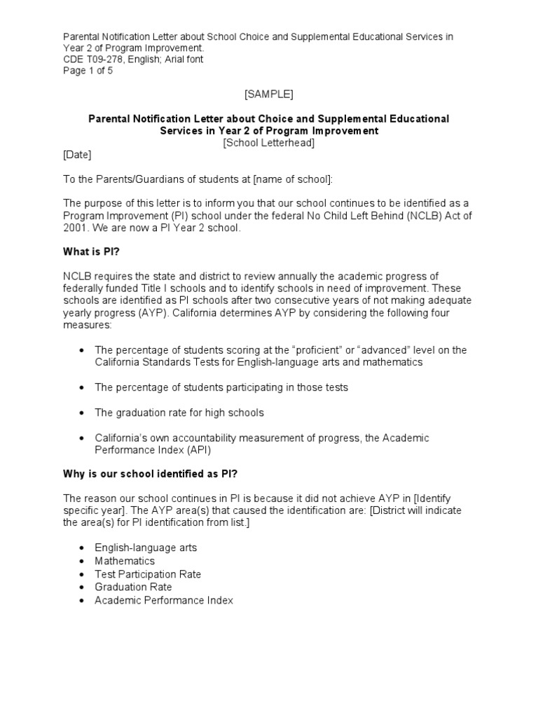 Parental Notification Letter About Choice and Supplemental Educational ...