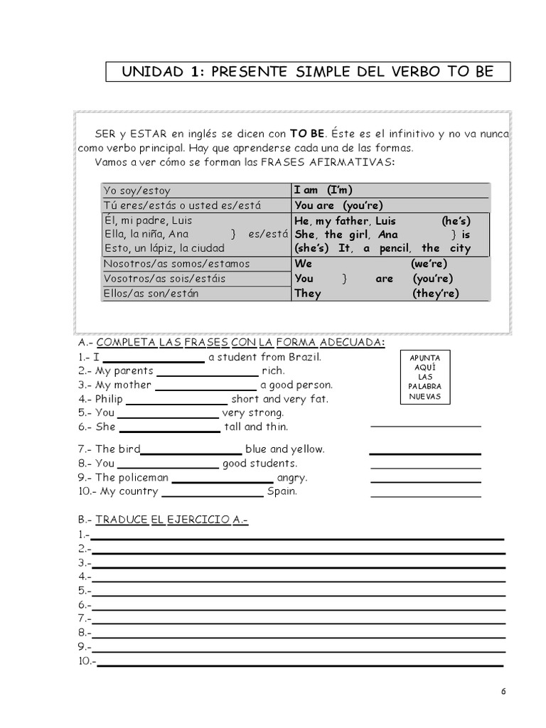 Presente Simple del Verbo To Be en Inglés | PDF | Asunto (gramática ...
