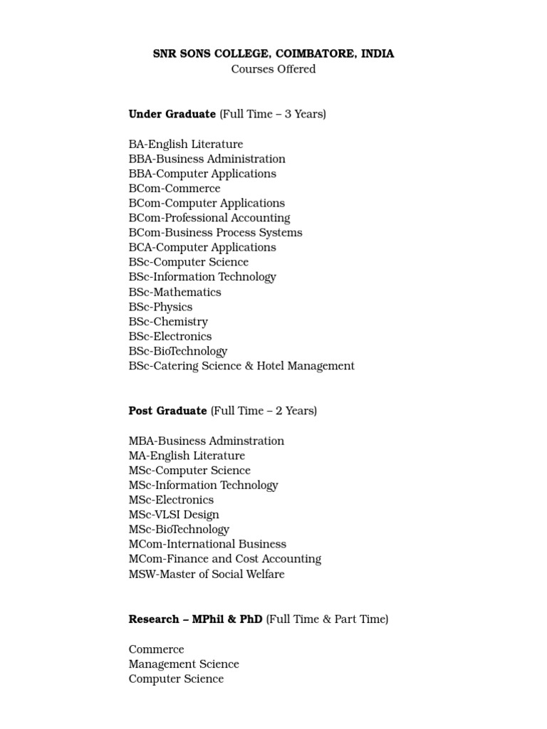 SNR Sons College Courses List | PDF | Technology & Engineering