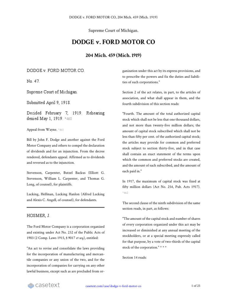 Dodge V Ford Motor Co | PDF | Dividend | Stocks