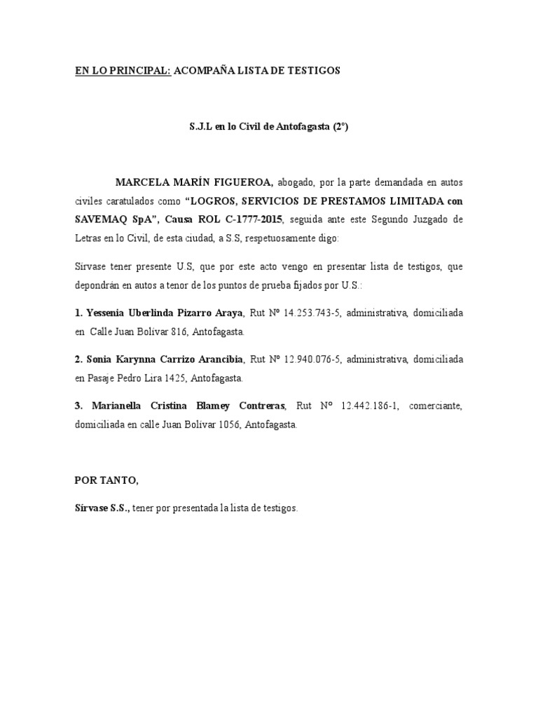 Escrito Lista de Testigos