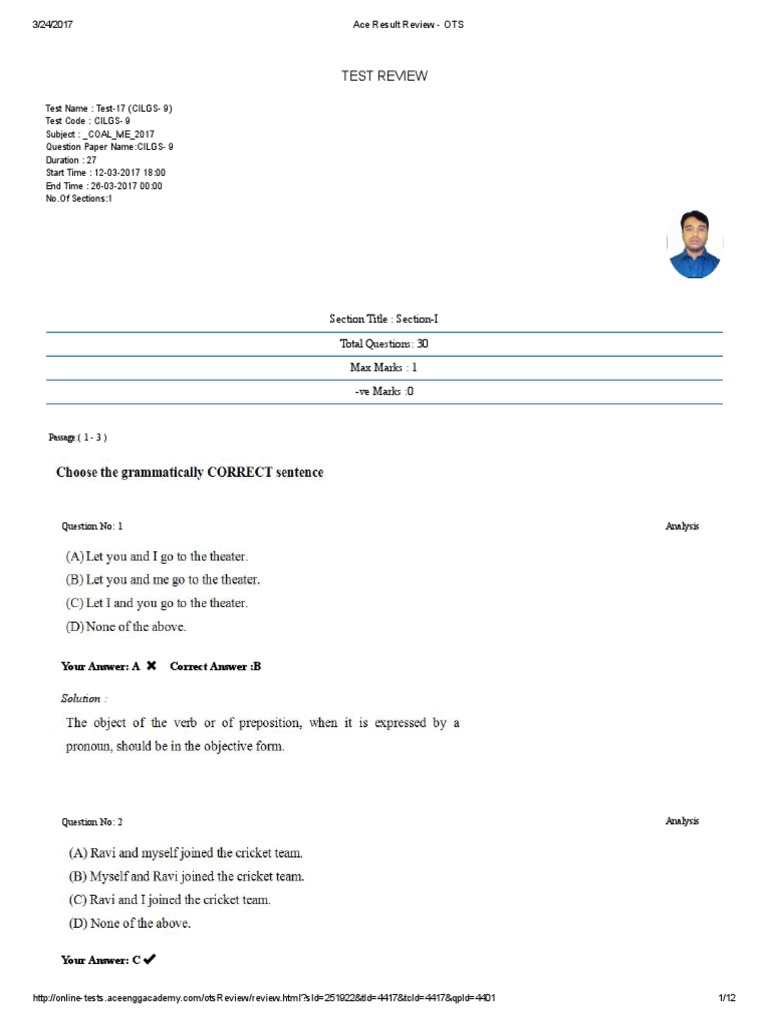 Test Review: Section Title: Section I Total Questions: 30 Max Marks: 1 ...