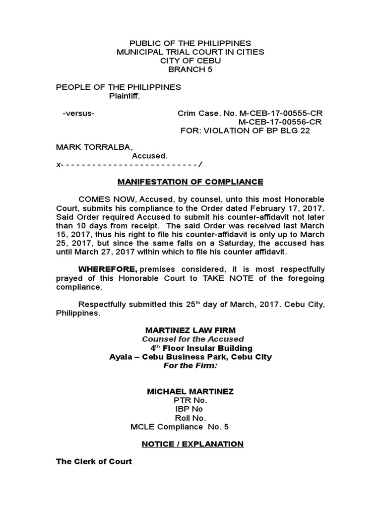 Compliance Manifestation in Court Case | PDF | Legal Procedure | Courts
