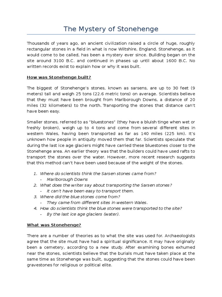 Stonehenge Reading Comprehension and Past Modals of Speculation | PDF ...
