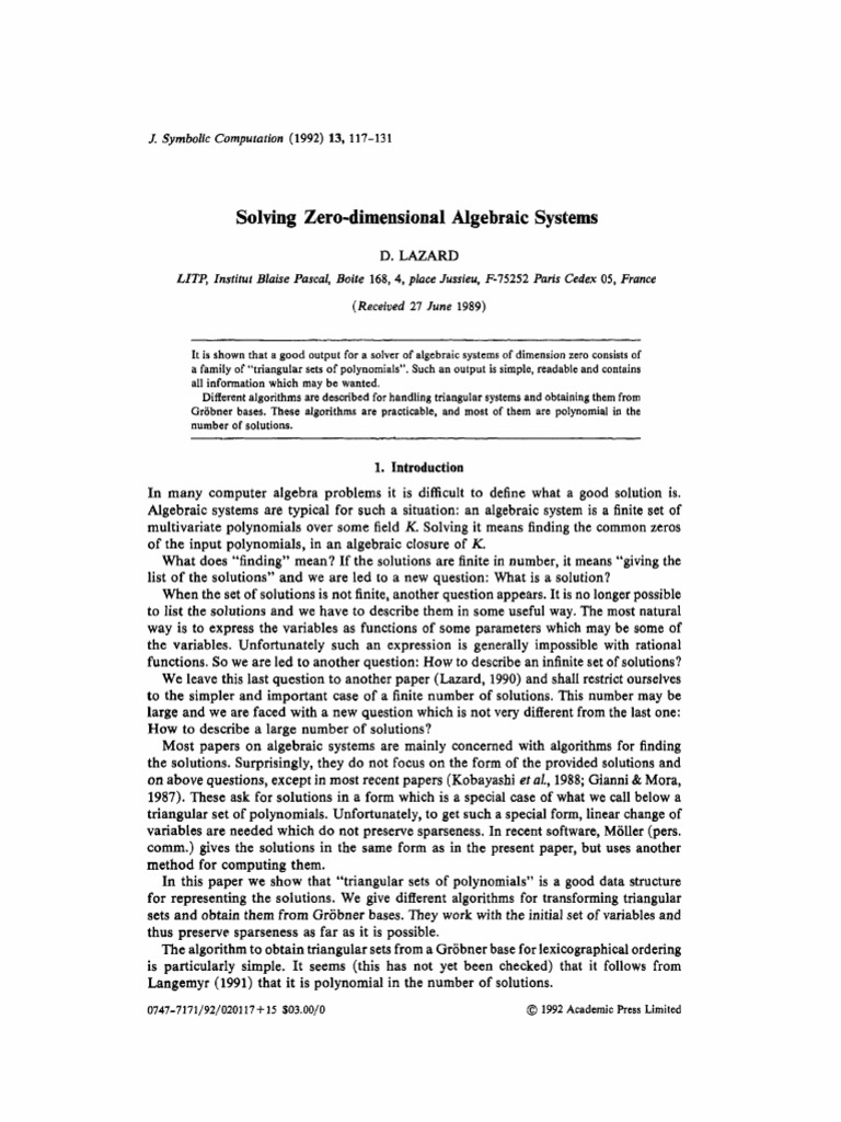 Solving Zero-Dimensional Algebraic Systems | PDF | Factorization | Polynomial