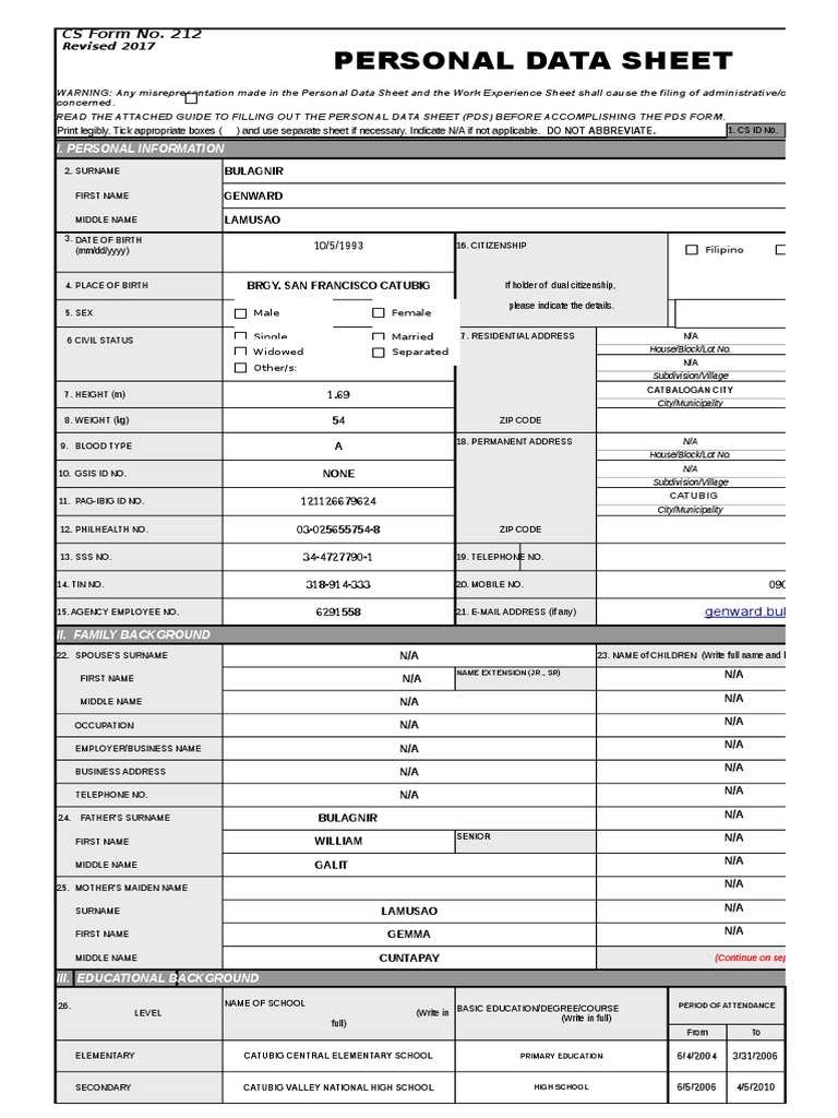 032117 CS Form No. 212 Revised Personal Data Sheet | Passport | Crimes