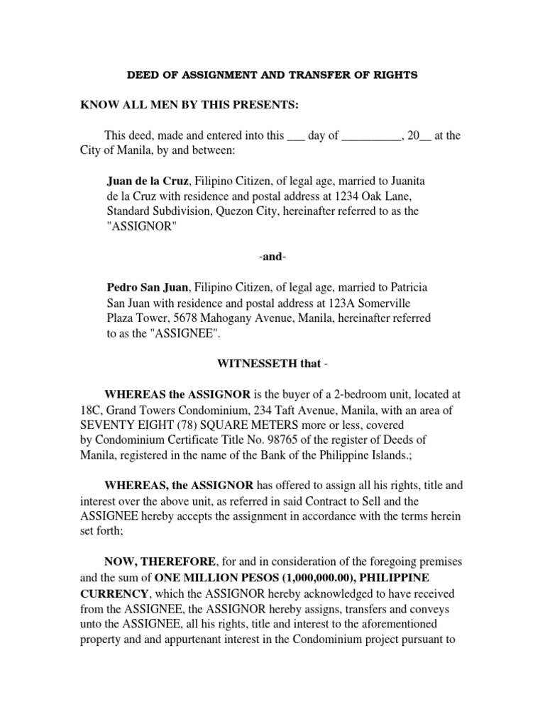 Deed Of Assignment And Transfer Of Rights Pdf Assignment Law