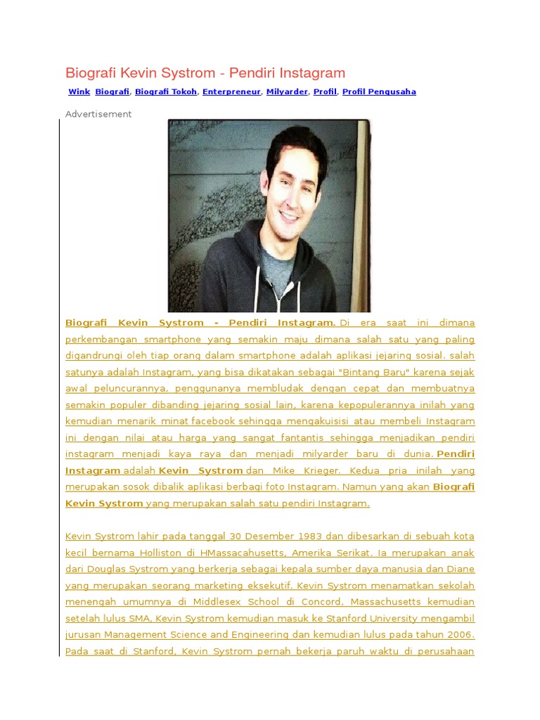 Biografi Kevin Systrom, Pendiri Instagram | PDF | Seni