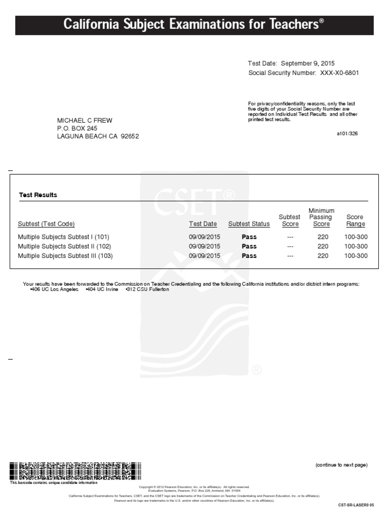 Cset Results | Download Free PDF | Multiple Choice | Test (Assessment)